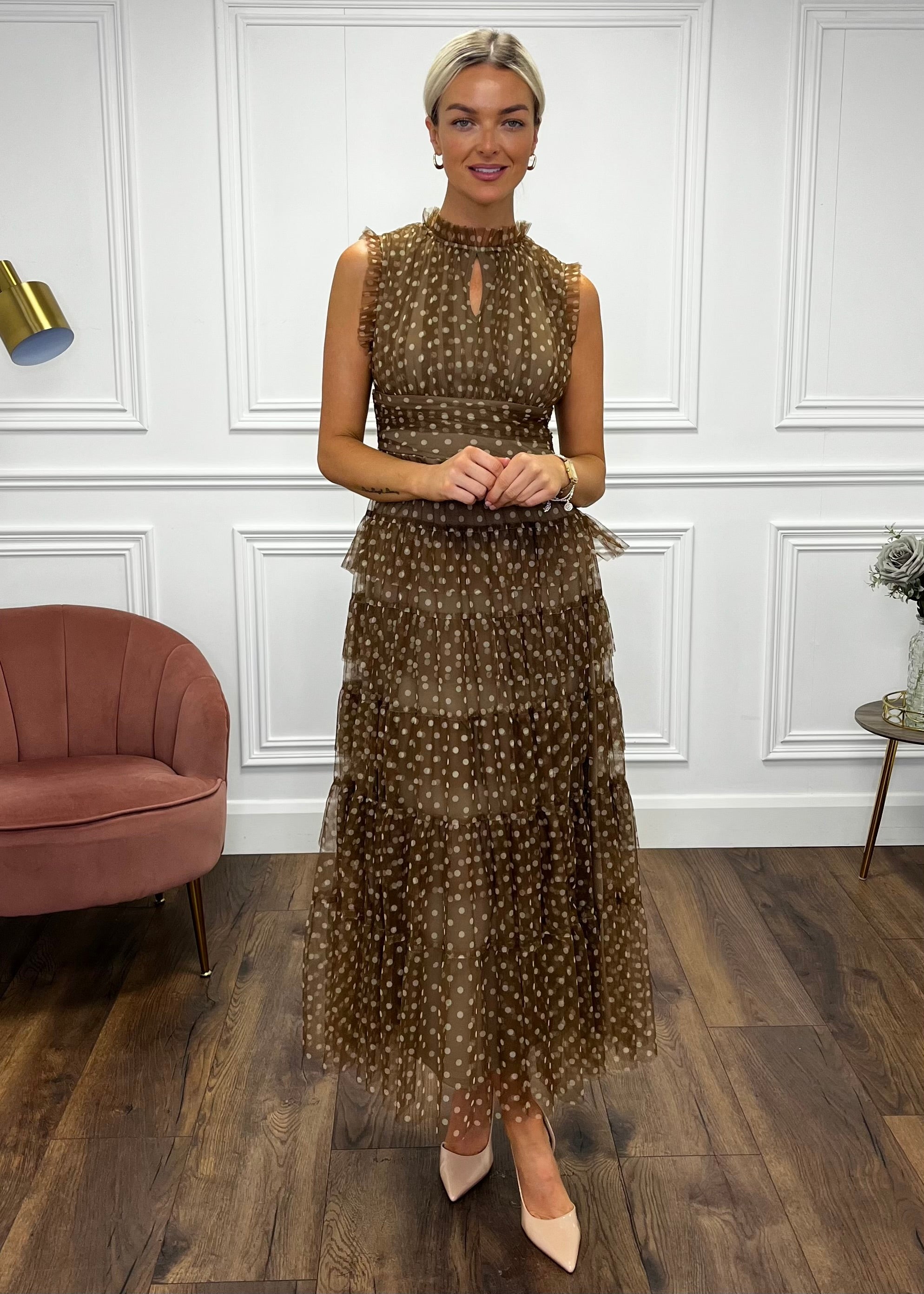 “Jillian” Dress In Tan Polka Dot – Pure Boutique